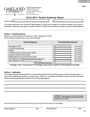 Fillable Online Parent Expense - oaklandedu Fax Email Print - pdfFiller