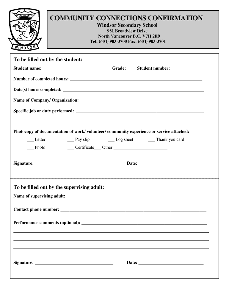 Fillable Online COMMUNITY CONNECTIONS CONFIRMATION - sd44ca Fax Email ...