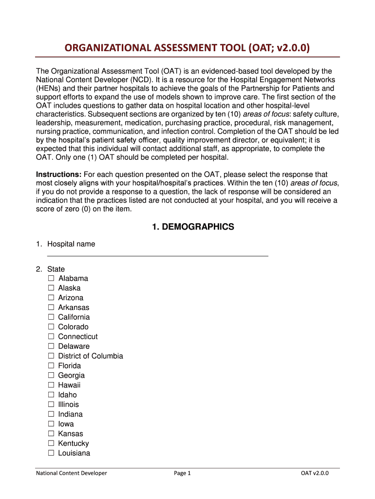 Fillable Online quality gha ORGANIZATIONAL ASSESSMENT TOOL OAT v200 ...