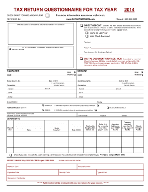 Fillable Online TAX RETURN QUESTIONNAIRE FOR TAX YEAR 2014 ...