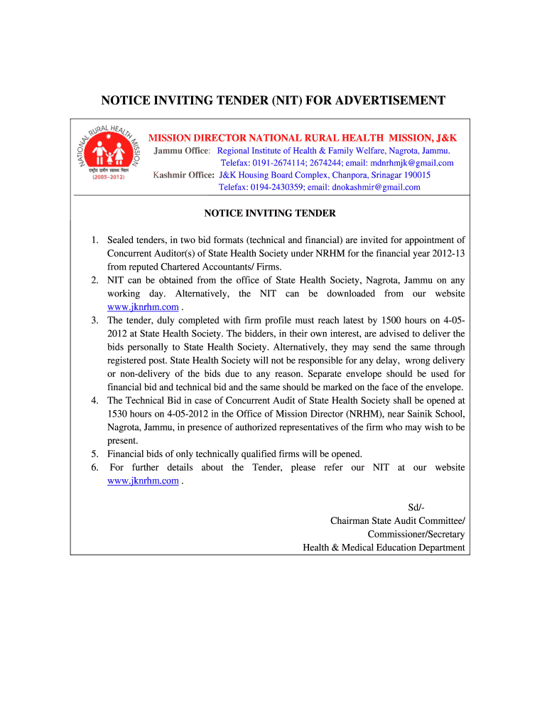 Fillable Online NOTICE INVITING TENDER NIT FOR ADVERTISEMENT Fax Email ...