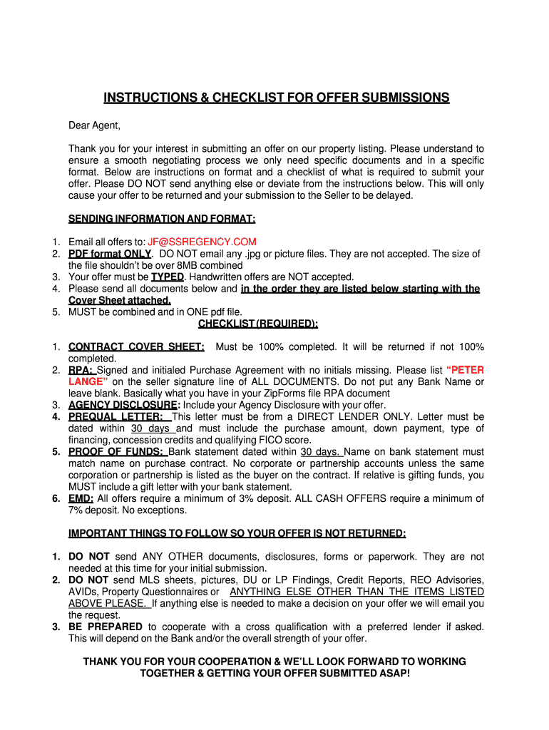 Fillable Online INSTRUCTIONS CHECKLIS T FOR OFFER SUBMISSIONS Fax Email Print - pdfFiller