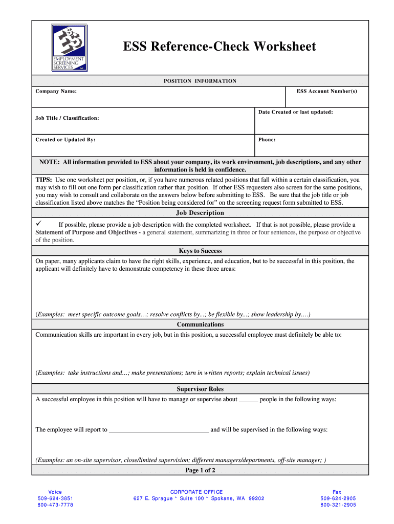Fillable Online ESS Reference-Check Worksheet ver3doc Fax Email Print ...