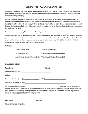 Fillable Online SEMPER FIT AQUATIC SWIM TEST - MCCS Lejeune-New River ...