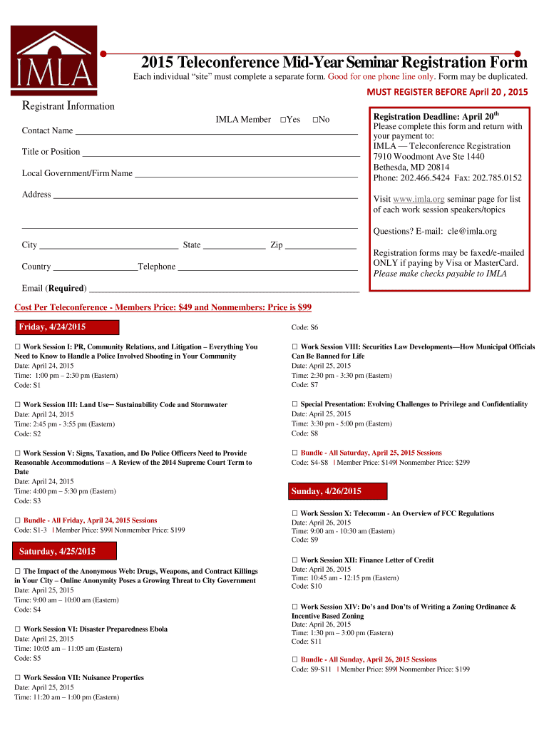 Fillable Online imla 2015 Teleconference Mid-Year Seminar Registration ...