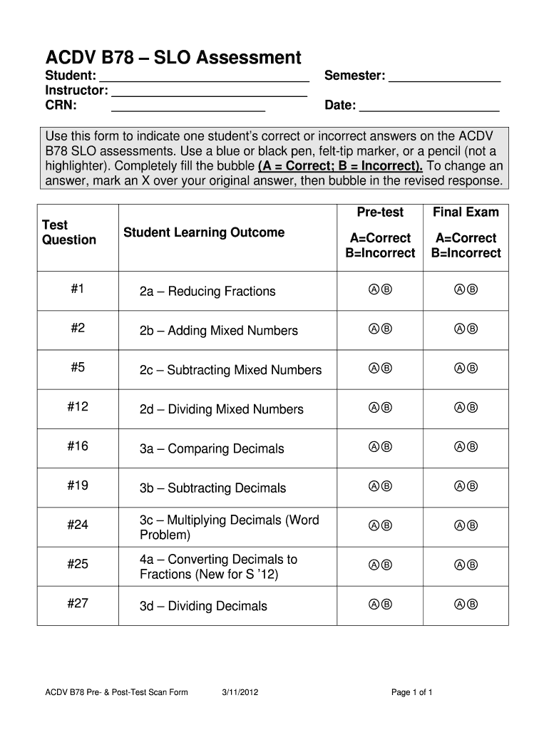 Fillable Online www2 bakersfieldcollege ACDV B78 Pre- Post-Test Scan ...