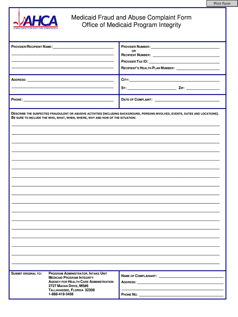 Medicaid Fraud and Abuse Complaint Form - Blank Fillable Template ...