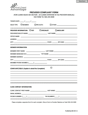 Fillable Online PROVIDER COMPLAINT FORM - firstcoastadvantagecom Fax ...