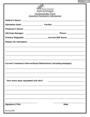 Fillable Online Continued Stay Form Inpatient Psychiatric Admissions ...
