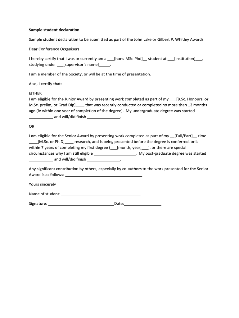 Fillable Online asfb org Sample student declaration Sample student ...