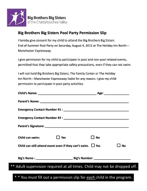 Fillable Online bbbs Pool Party Permission Slip - Big Brothers Big ...
