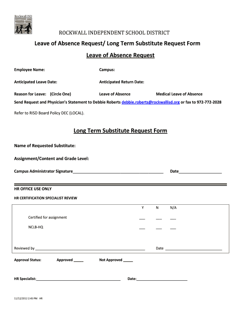 Fillable Online Leave of Absence Request Long Term Substitute Request ...