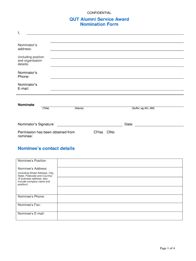 Fillable Online Alumni Service Awards nomination form - QUT Fax Email Print - pdfFiller