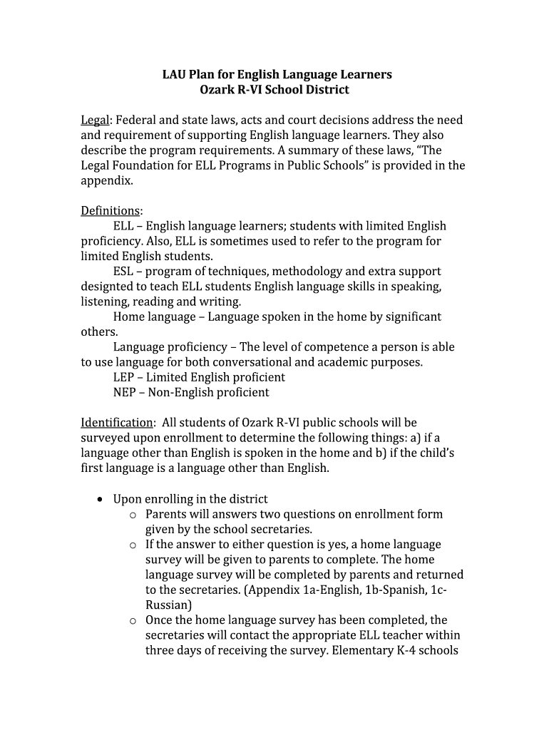 Fillable Online English Language Learners LAU Plan - bozarkk12mousb Fax ...