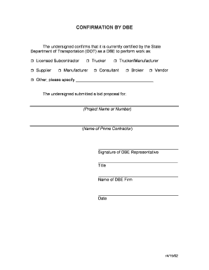 Fillable Online CONFIRMATION BY DBE - Department of Transportation Fax ...