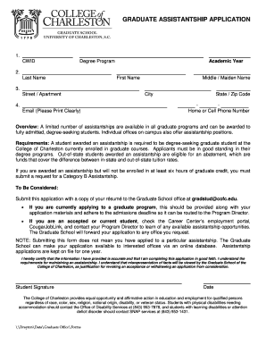 Fillable Online gradschool cofc Graduate assistantship application ...
