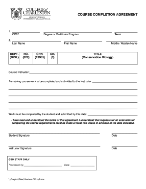 Fillable Online gradschool cofc E9 Course Completion Agreement Fax ...