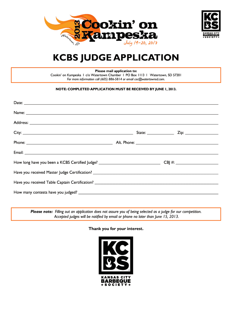 Fillable Online KCBS JUDGE APPLICATION - ChamberMaster Fax Email Print ...