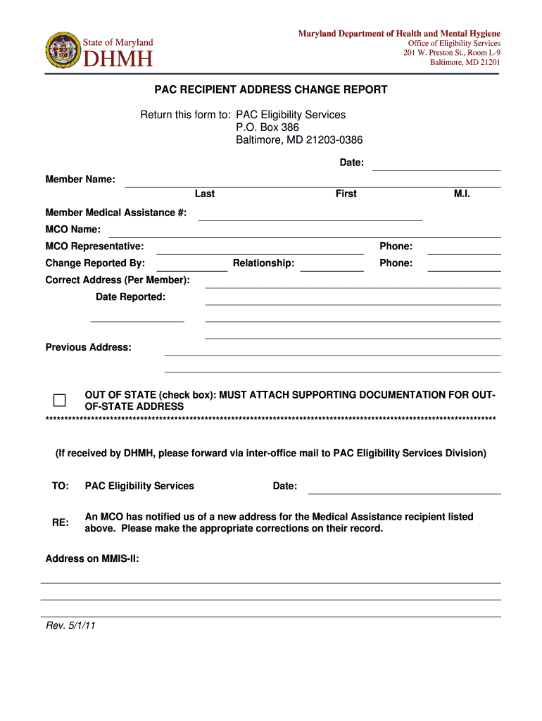 Fillable Online mmcp dhmh maryland PAC RECIPIENT ADDRESS CHANGE REPORT ...