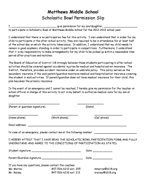Fillable Online Scholastic Bowl Permission Slip Fax Email Print - pdfFiller