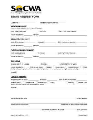 Fillable Online LEAVE REQUEST FORM - SOCWA Fax Email Print - pdfFiller