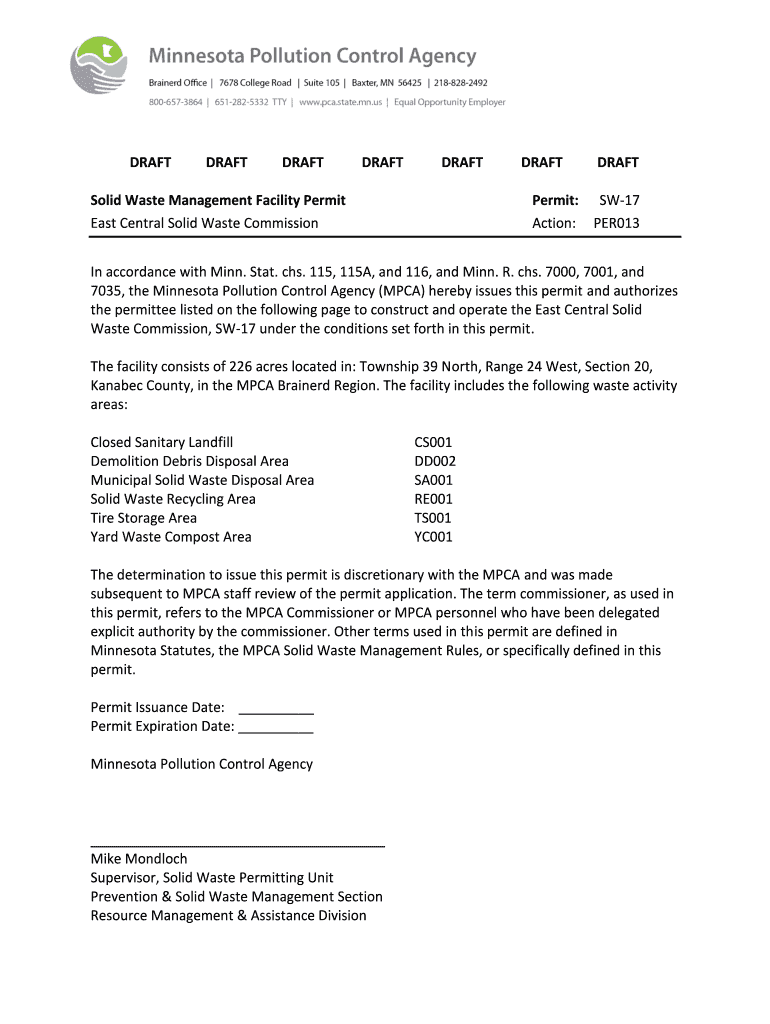 Fillable Online pca state mn Draft Solid Waste Permit to East Central Sanitary Landfill Mora ...