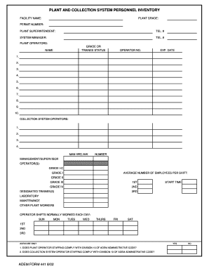 Fillable Online PLANT AND COLLECTION SYSTEM PERSONNEL INVENTORY ...