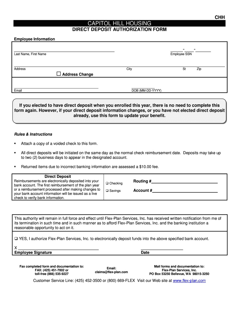 Fillable Online CHH CAPITOL HILL HOUSING DIRECT DEPOSIT AUTHORIZATION ...
