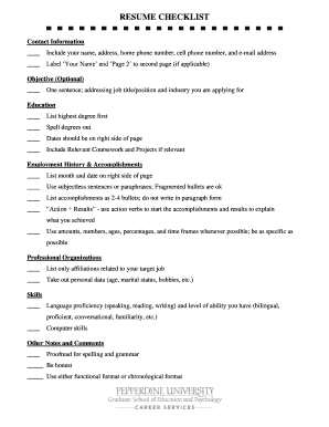 Fillable Online gsep pepperdine RESUME CHECKLIST - Pepperdine ...