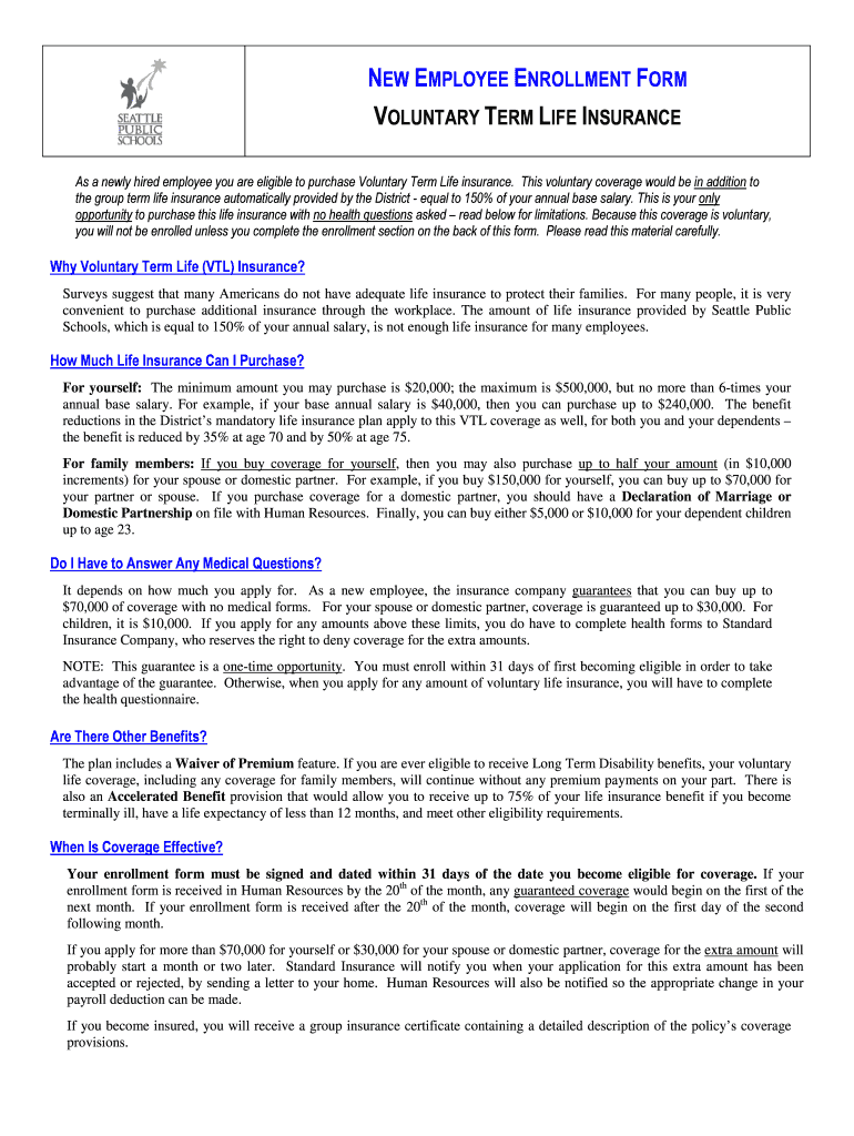 Fillable Online Voluntary Life New Hire Enrollment Form revised 7-11-07 ...