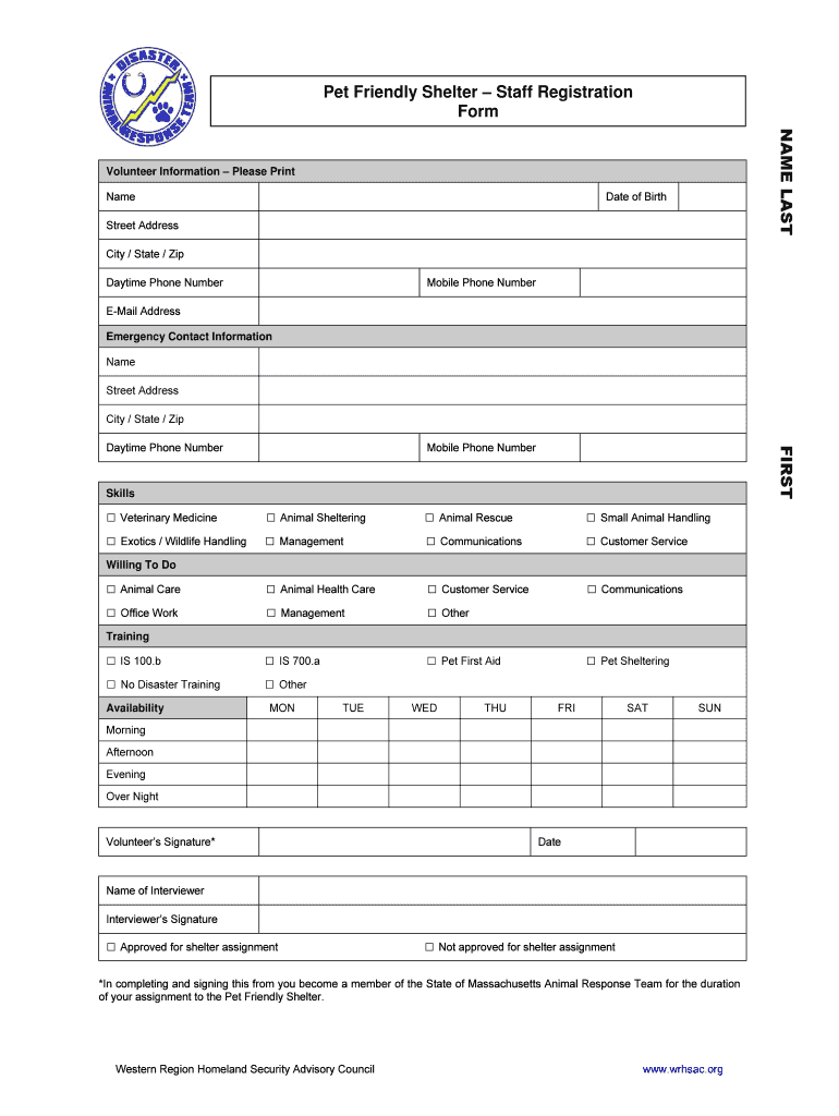 Fillable Online Pet Friendly Shelter Staff Registration Form Fax Email ...