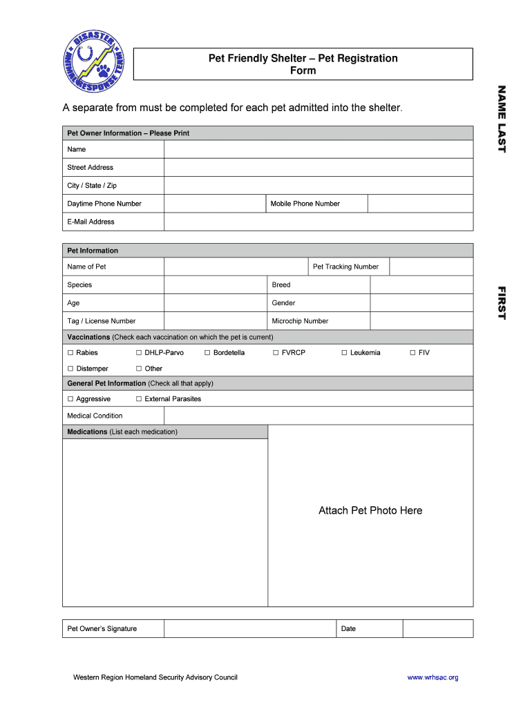 Fillable Online Pet Friendly Shelter Pet Registration Form Fax Email ...