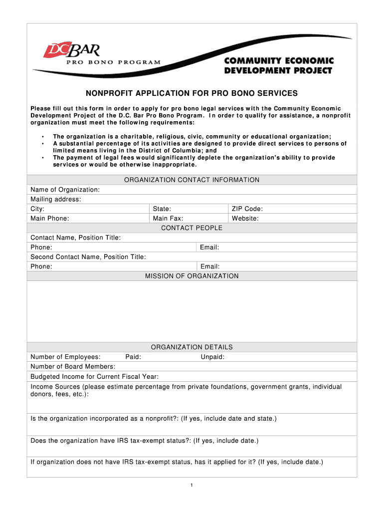 Fillable Online dcbar NONPROFIT APPLICATION FOR PRO BONO SERVICES ...