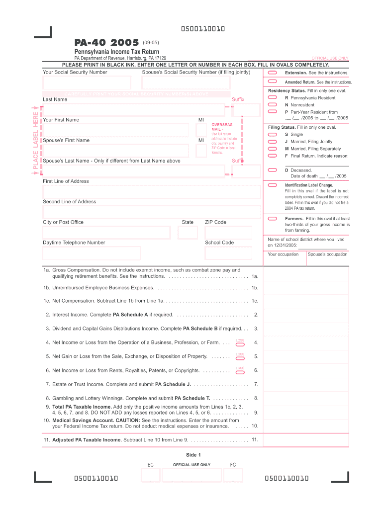 Fillable Online 0500110010 PA-40 200509-05 Pennsylvania Income Tax Fax ...