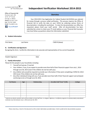 Fillable Online Independent Verification Worksheet 20142015 Office of Financial Aid Perlstein ...