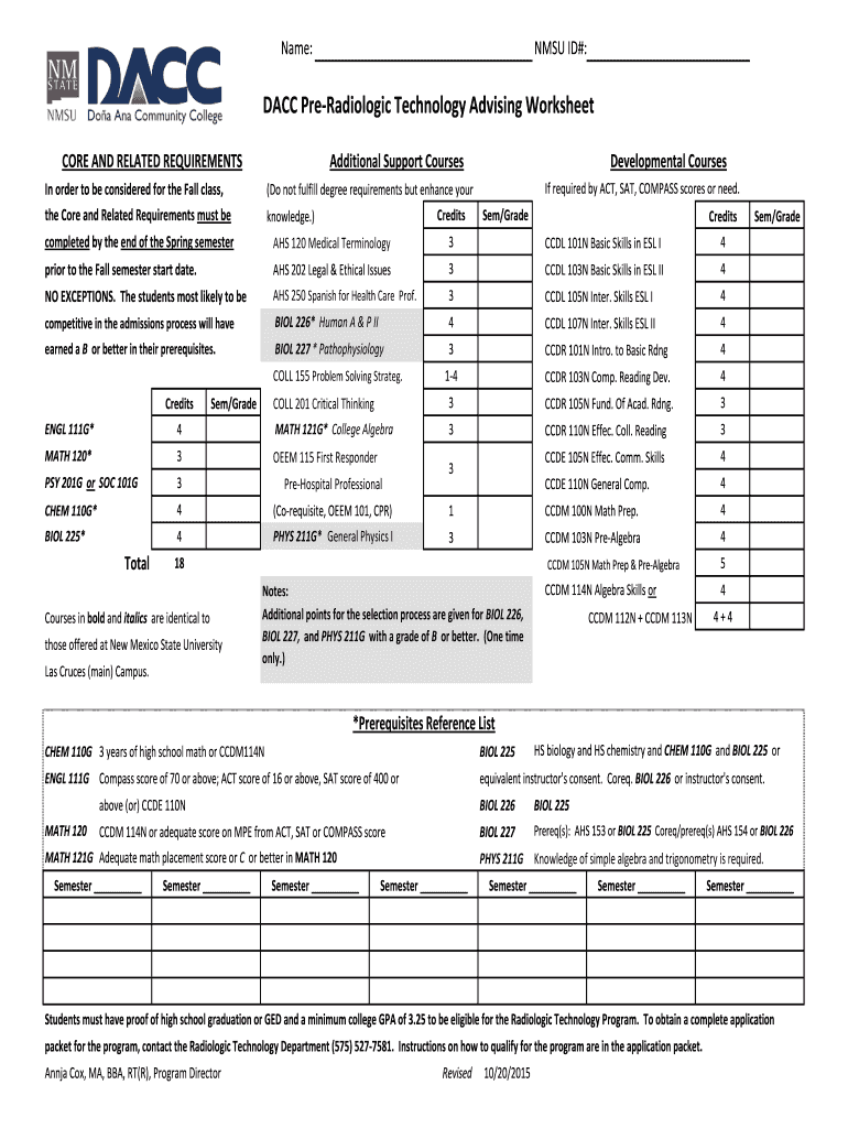 Fillable Online DACC Pre-Radiologic Technology Advising Worksheet Fax ...