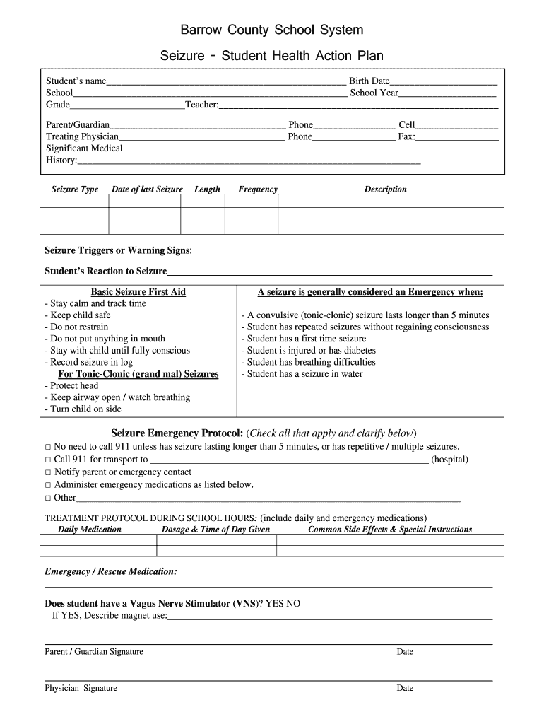 Fillable Online Seizure Student Health Action Plan Fax Email Print ...