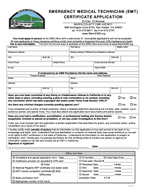 Fillable Online EMERGENCY MEDICAL TECHNICIAN EMT CERTIFICATE ...