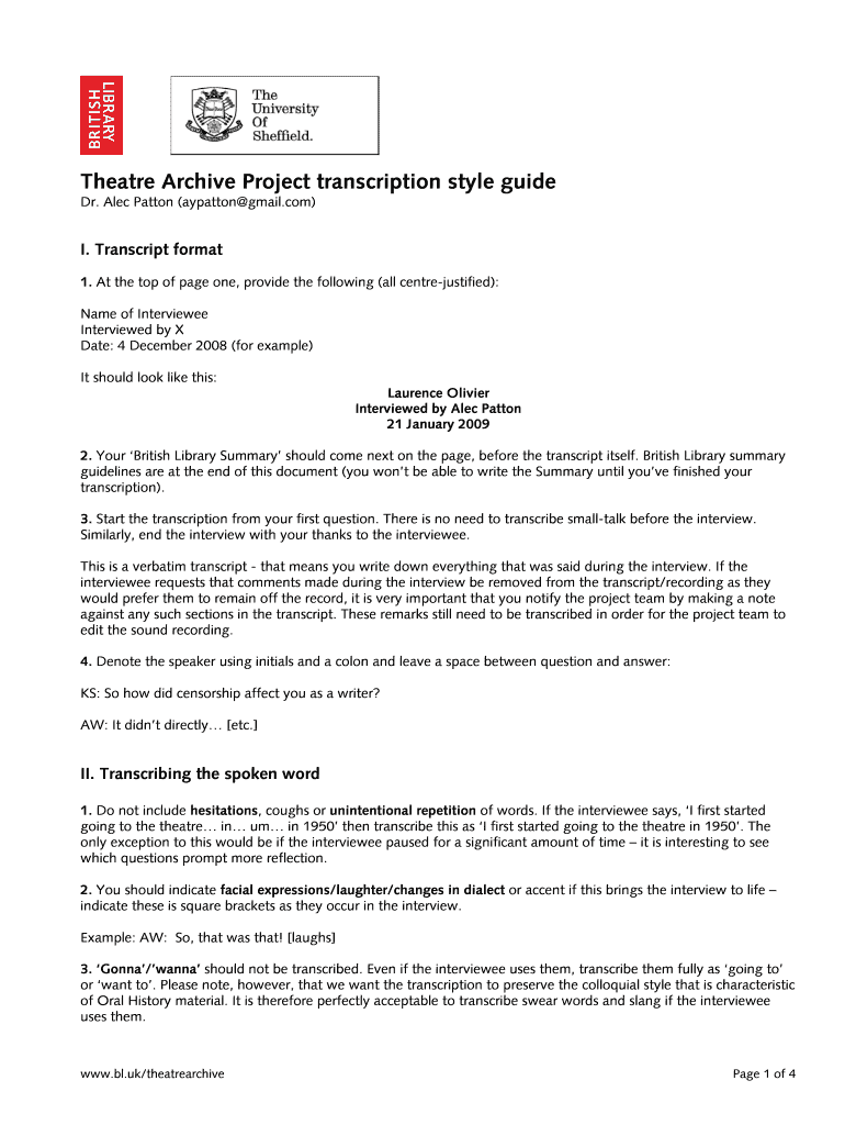 Fillable Online Theatre Archive Project transcription style guide Fax ...