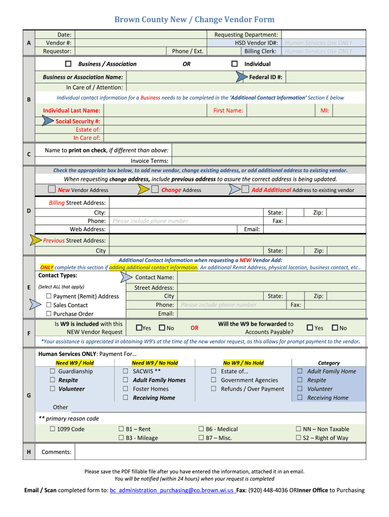 Fillable Online Brown County New Change Vendor Form Fax Email Print ...