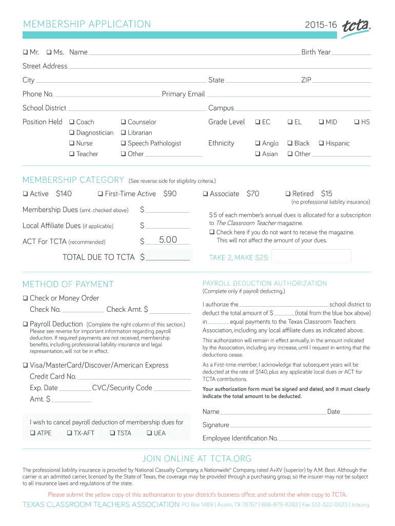 Fillable Online tcta Printable TCTA Membership Application - Texas ...