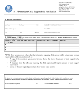 Fillable Online 14-15 Dependent Child Support Paid Verification ...