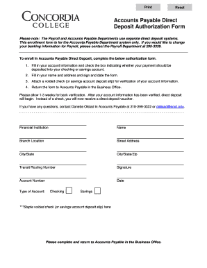 Fillable Online concordiacollege Print Reset Accounts Payable Direct ...