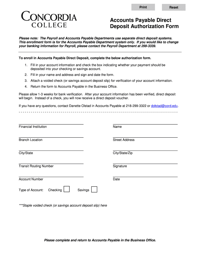 Fillable Online concordiacollege Print Reset Accounts Payable Direct ...