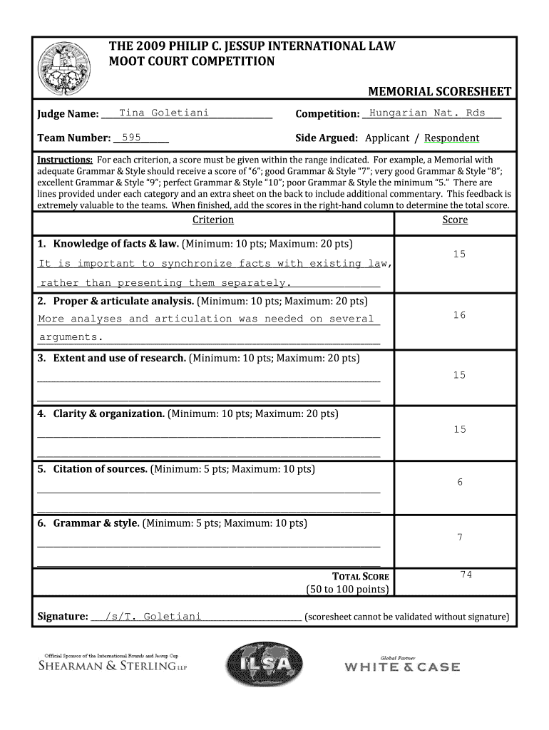 Fillable Online MEMORIAL SCORESHEET Fill Online, Printable, Fillable ...
