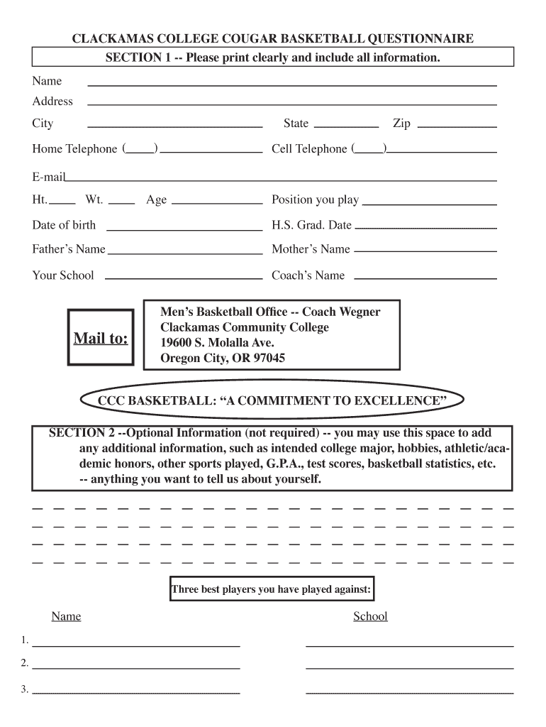 Fillable Online depts clackamas CLACKAMAS COLLEGE COUGAR BASKETBALL ...