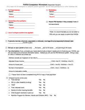 Fillable Online center k12 mo FAFSA Completion Worksheet Dependent ...