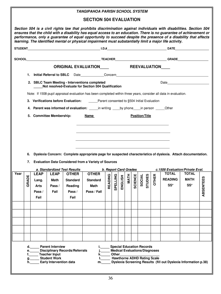 Fillable Online tangischools SECTION 504 EVALUAT ION Section 504 is a civil rights law ...