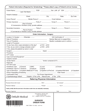 Fillable Online Referring Physician Information SURGERY ORDER FORM Fax ...