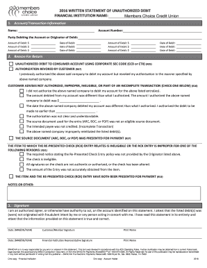 Fillable Online 2016 WRITTEN STATEMENT OF UNAUTHORIZED DEBIT FINANCIAL ...
